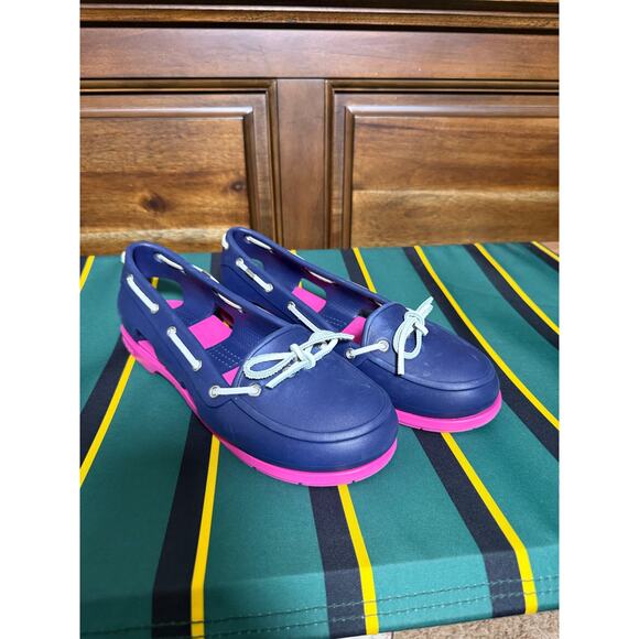 CROCS | Shoes | Crocs Beach Line Blue Pink Boat Loafer Shoes Rubber ...